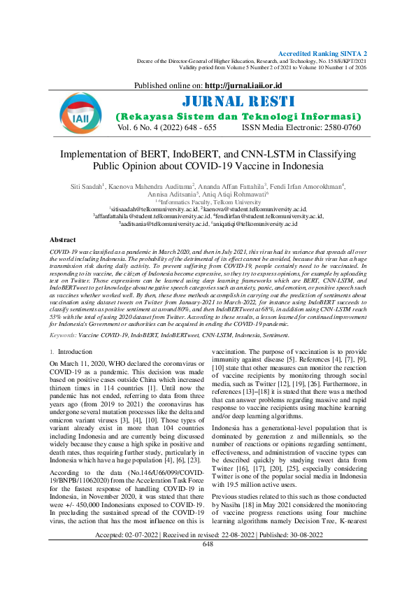 (PDF) Implementation of BERT, IndoBERT, and CNN-LSTM in Classifying ...