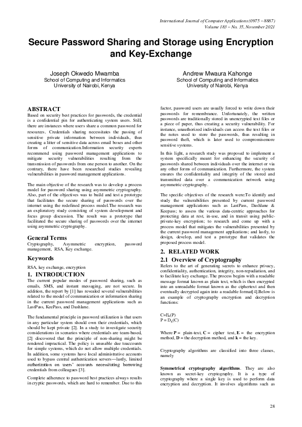 (PDF) Secure Password Sharing and Storage using Encryption and Key-Exchange