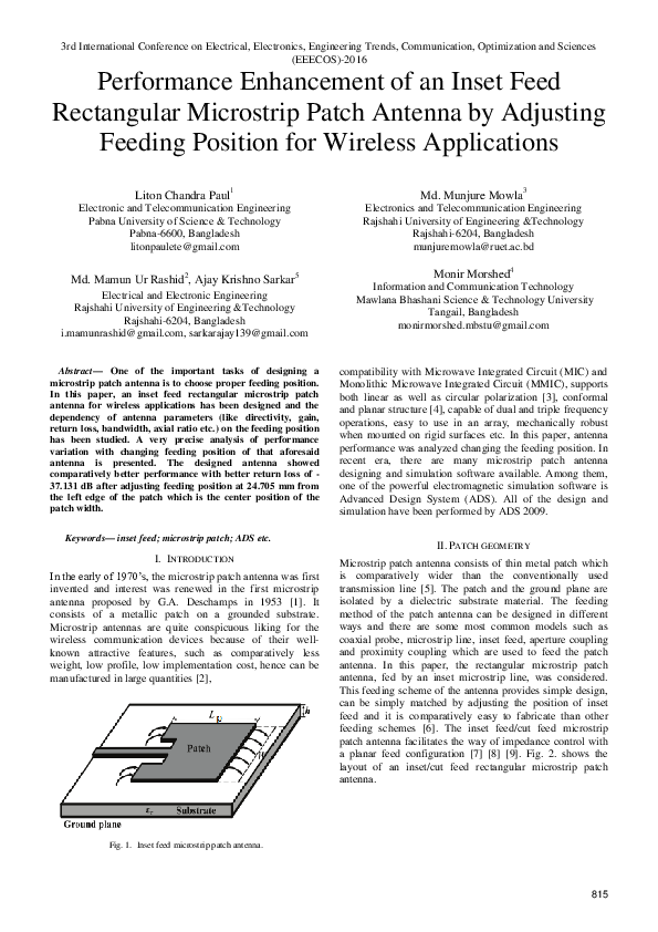 Pdf Optimizing Feeding Position In Microstrip Antennas