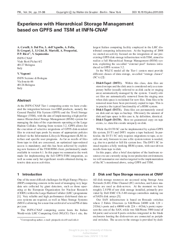 (PDF) Experience with Hierarchical Storage Management based on GPFS and TSM at INFN-CNAF