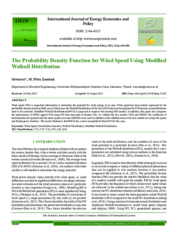 (PDF) The Probability Density Function for Wind Speed Using Modified Weibull Distribution