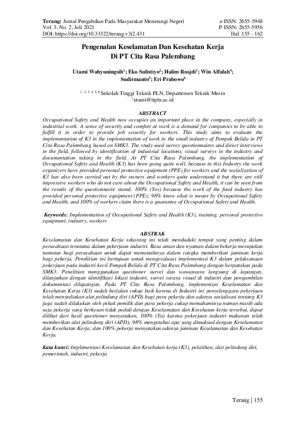 (PDF) Pengenalan Keselamatan Dan Kesehatan Kerja Di PT Cita Rasa Palembang