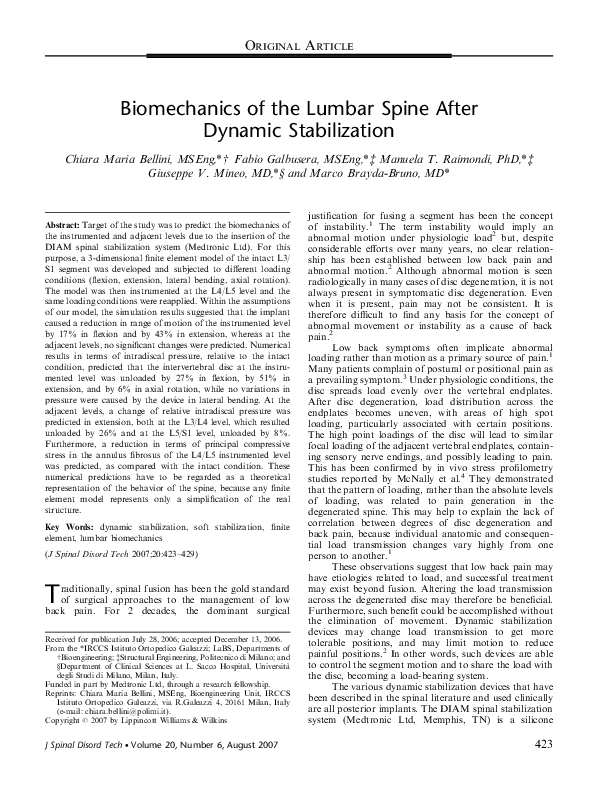(PDF) Biomechanics of the Lumbar Spine After Dynamic Stabilization