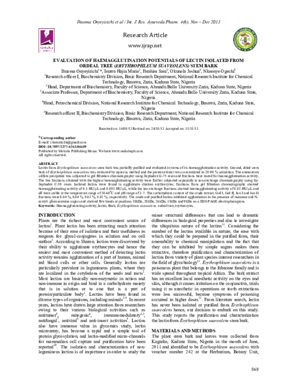 (PDF) Haemagglutination of Lectin from Ordeal Tree