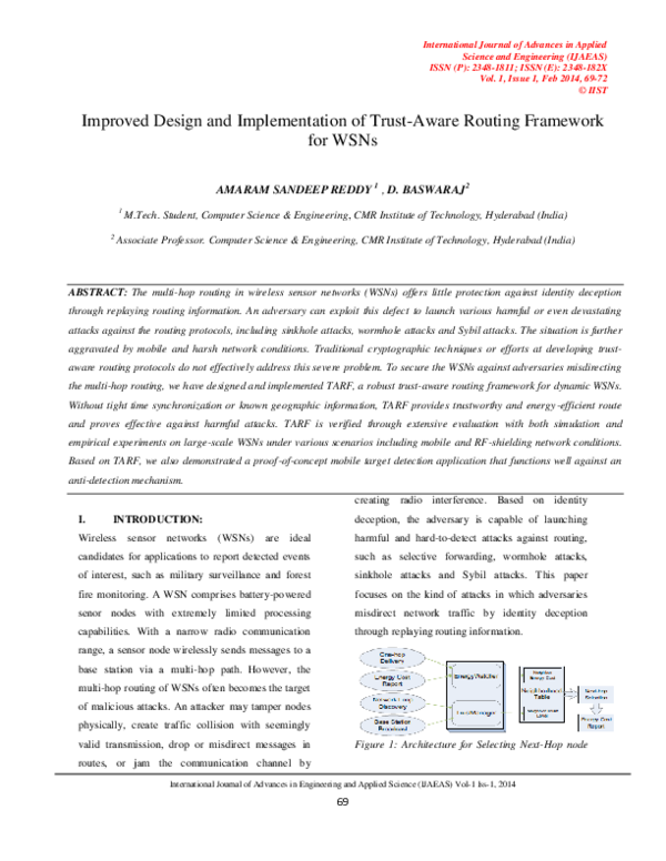 Pdf Improved Design And Implementation Of Trust Aware Routing Framework For Wsns Dr D