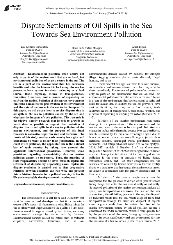 (PDF) Dispute Settlements of Oil Spills in the Sea Towards Sea ...
