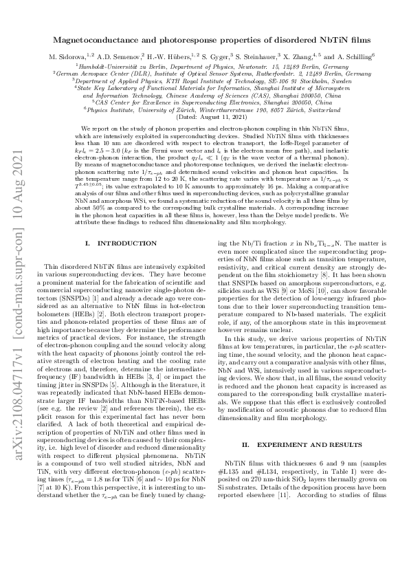 (PDF) Magnetoconductance and photoresponse properties of disordered NbTiN films