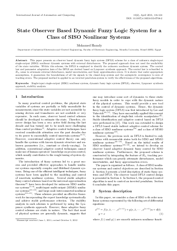 (PDF) State Observer Based Dynamic Fuzzy Logic System for a Class of SISO Nonlinear Systems