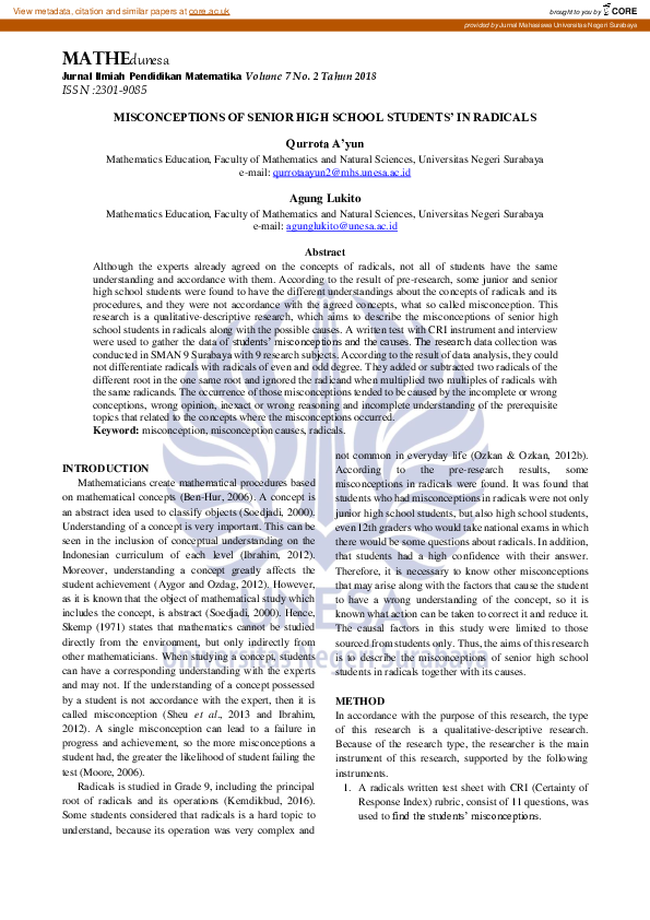 (PDF) Misconceptions of Senior High School Students in Radicals