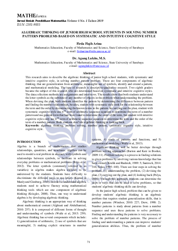 (PDF) Algebraic Thinking of Junior High School Students in Solving ...
