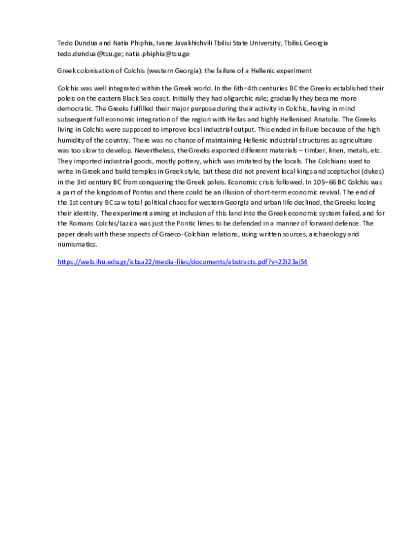(PDF) Greek Colonization of Colchis (Western Georgia): the Failure of a ...