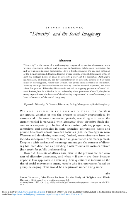 (PDF) “Diversity” and the Social Imaginary