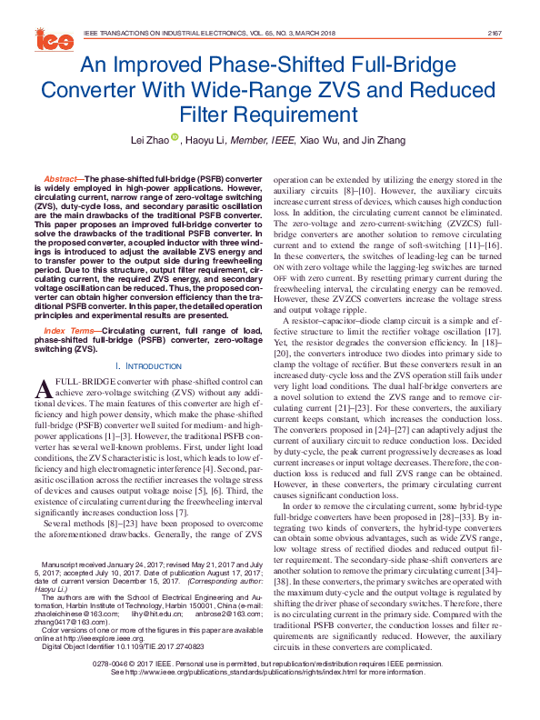 (PDF) An Improved Phase-Shifted Full-Bridge Converter With Wide-Range ZVS and Reduced Filter ...