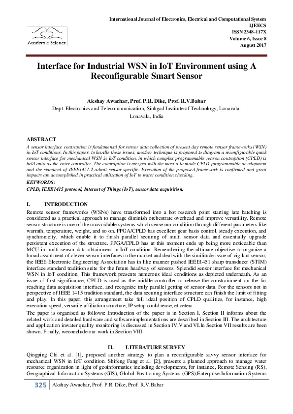 Pdf Interface For Industrial Wsn In Iot Environment Using A Reconfigurable Smart Sensor