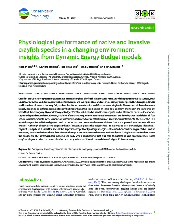 (PDF) Physiological performance of native and invasive crayfish species in a changing ...