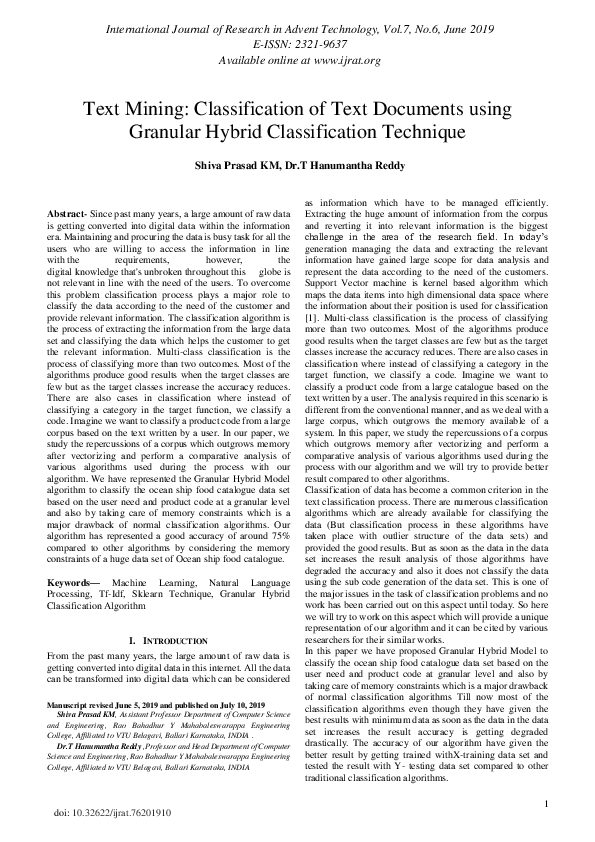 (PDF) Text Mining: Classification of Text Documents using Granular Hybrid Classification Technique