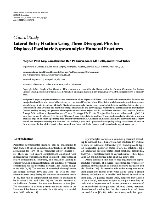 (PDF) Lateral Entry Fixation Using Three Divergent Pins for Displaced ...