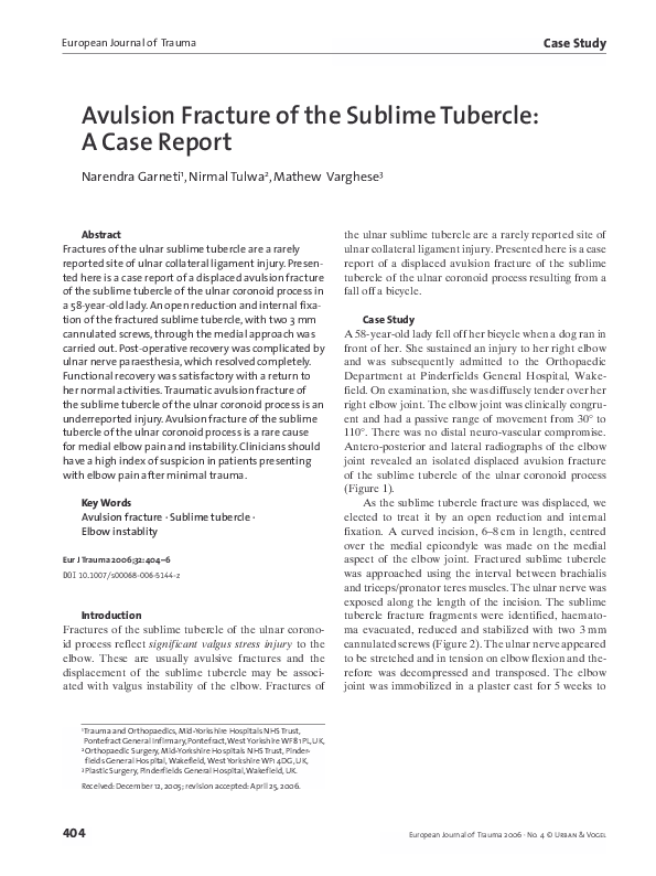 (PDF) Avulsion Fracture of the Sublime Tubercle: A Case Report