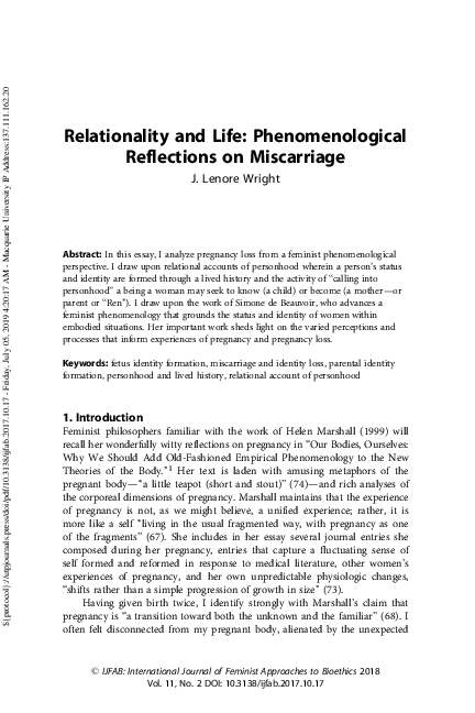 (PDF) Relationality and Life: Phenomenological Reflections on Miscarriage
