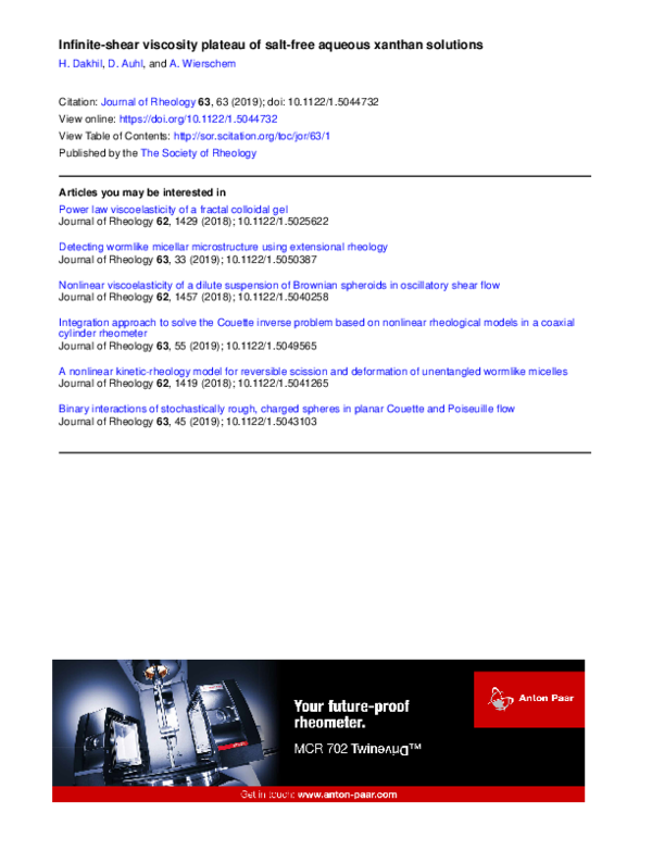 (PDF) Infinite-shear viscosity plateau of salt-free aqueous xanthan ...