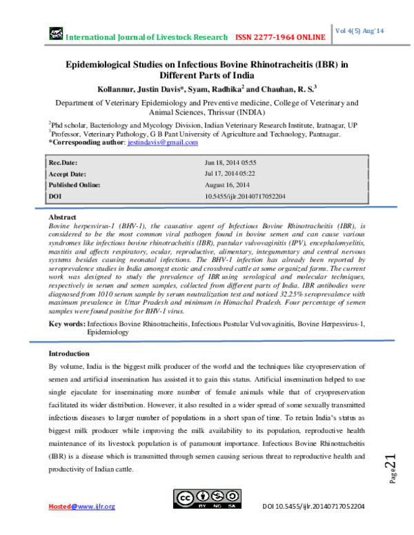 (PDF) Epidemiological studies on Infectious Bovine Rhinotracheitis (IBR ...