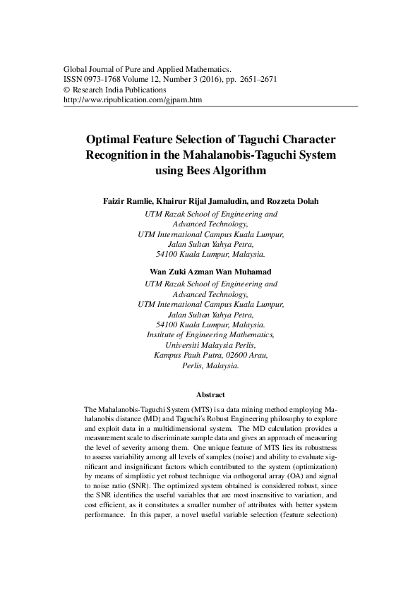 (PDF) Optimal feature selection of Taguchi character recognition in the ...