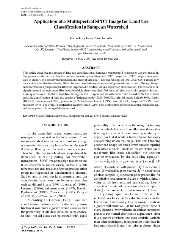 (PDF) Application of a Multispectral SPOT Image for Land Use Classification in Sampean Watershed ...