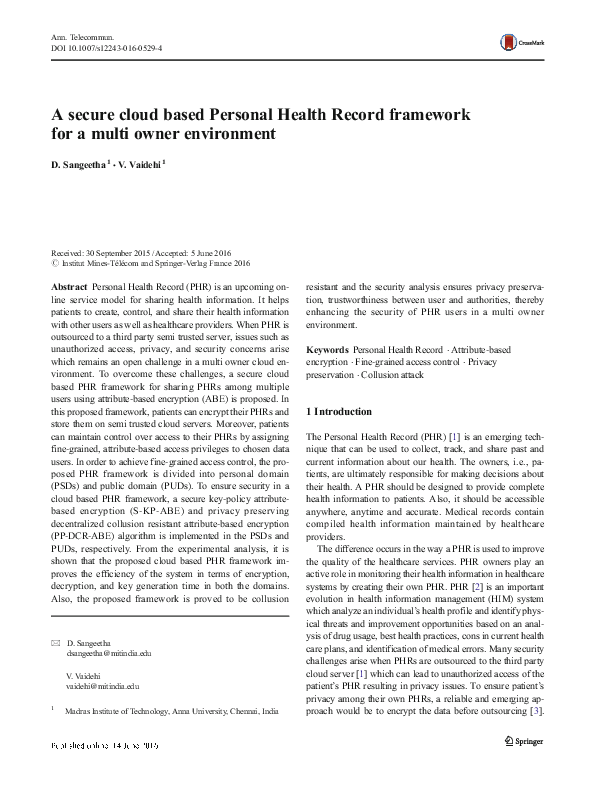 (PDF) A secure cloud based Personal Health Record framework for a multi owner environment | D ...