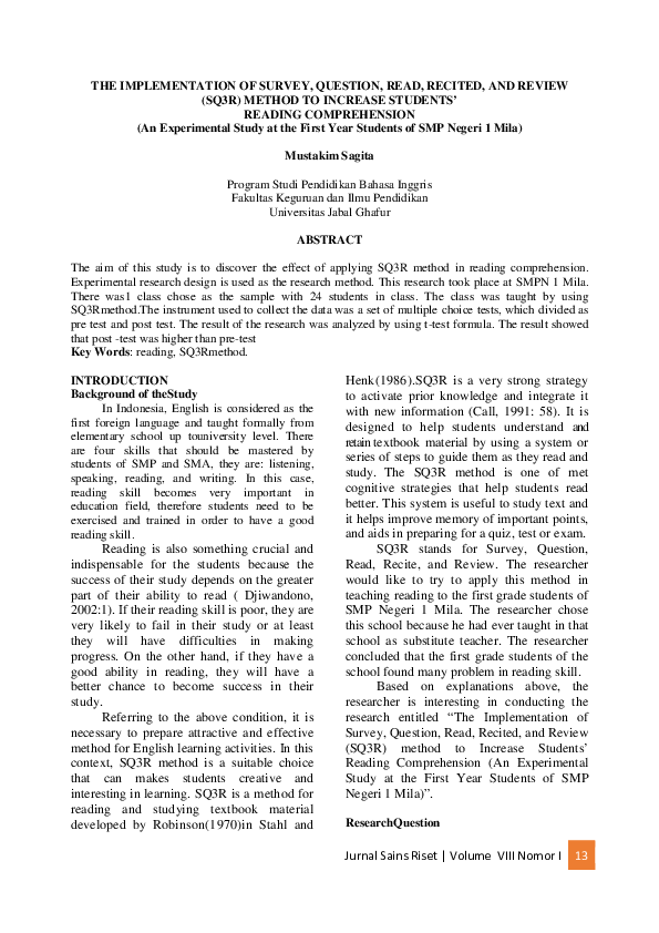 (PDF) THE IMPLEMENTATION OF SURVEY, QUESTION, READ, RECITED, AND REVIEW (SQ3R) METHOD TO ...