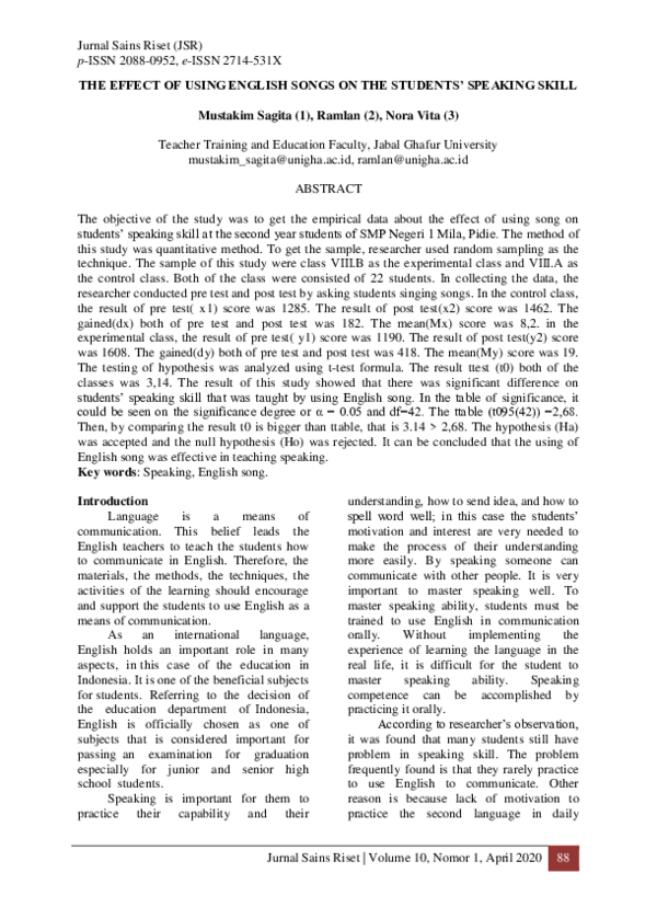 (PDF) The Effect of Using English Songs on the Students’ Speaking Skill