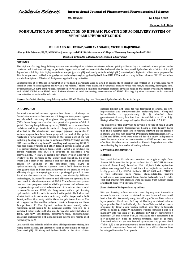 (PDF) Formulation and Optimization of Biphasic Floating Drug Delivery ...