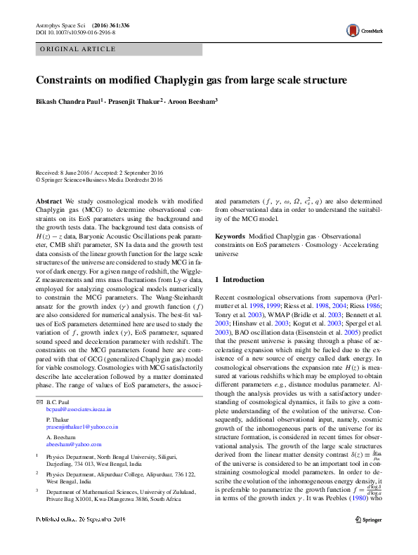 (PDF) Constraints on modified Chaplygin gas from large scale structure