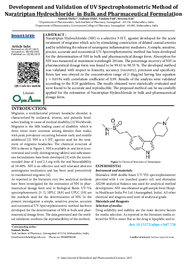 Pdf Development And Validation Of Uv Spectrophotometric Method Of Naratriptan Hydrochloride In