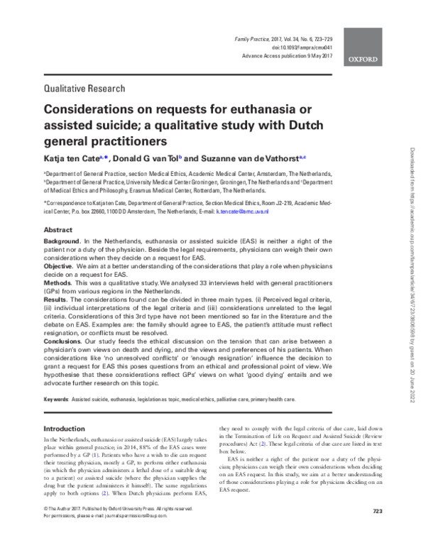 (PDF) Considerations on requests for euthanasia or assisted suicide; a ...