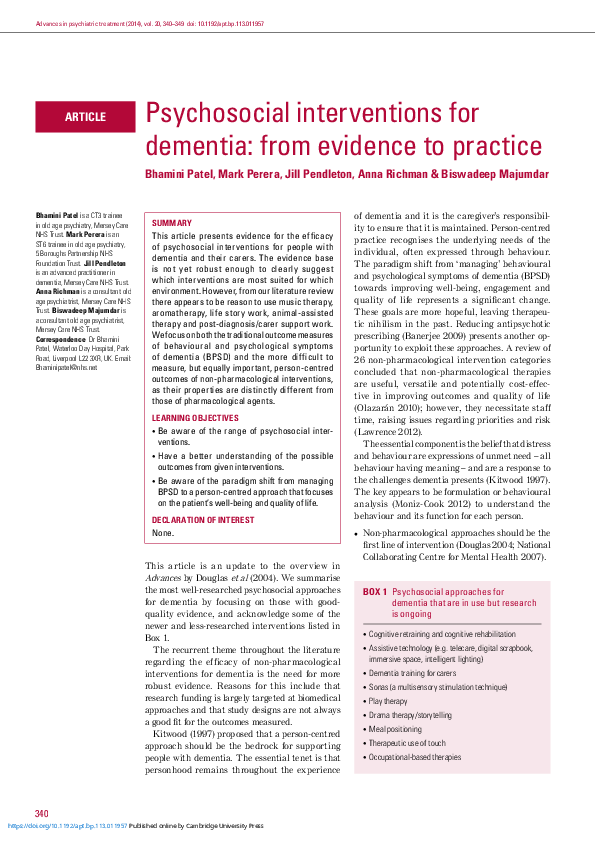 (PDF) Psychosocial interventions for dementia: from evidence to practice