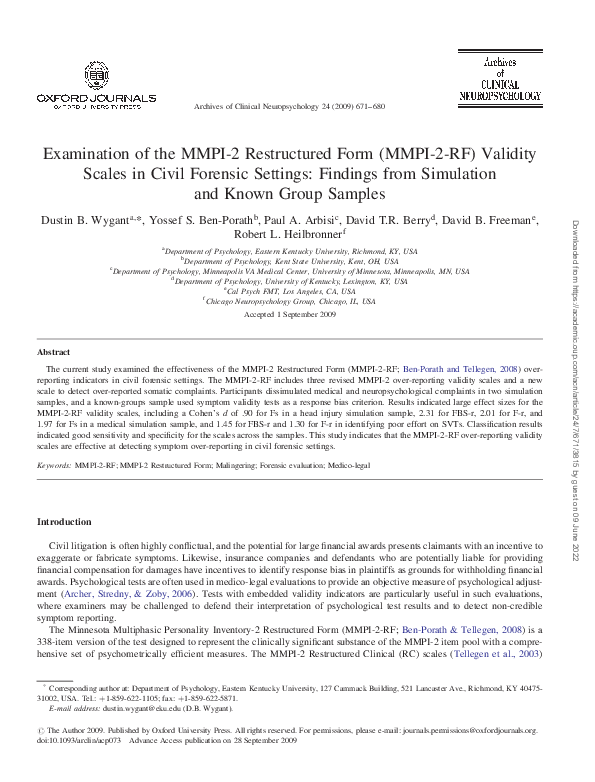 (PDF) Examination of the MMPI-2 Restructured Form (MMPI-2-RF) Validity Scales in Civil Forensic ...