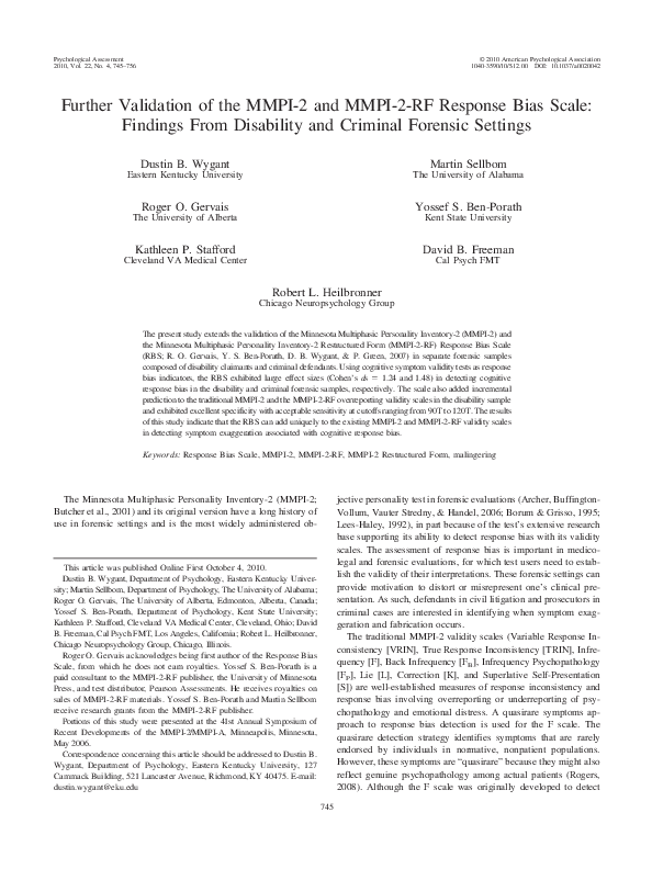 (PDF) Further validation of the MMPI-2 and MMPI-2-RF Response Bias ...