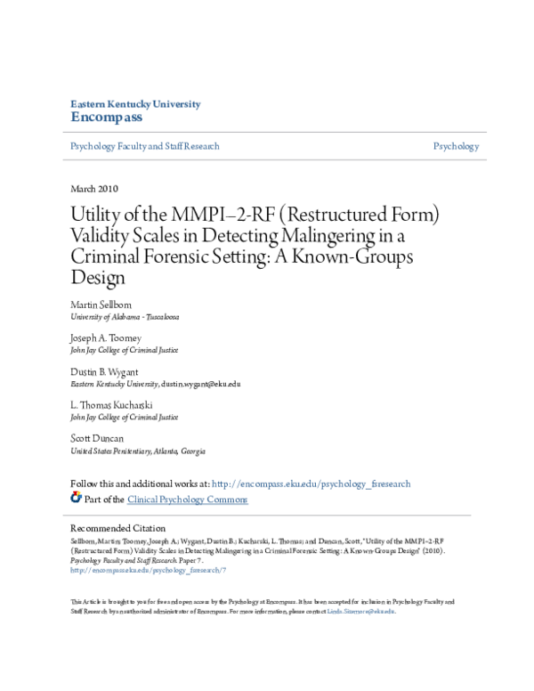 (PDF) Utility of the MMPI–2-RF (Restructured Form) validity scales in detecting malingering in a ...