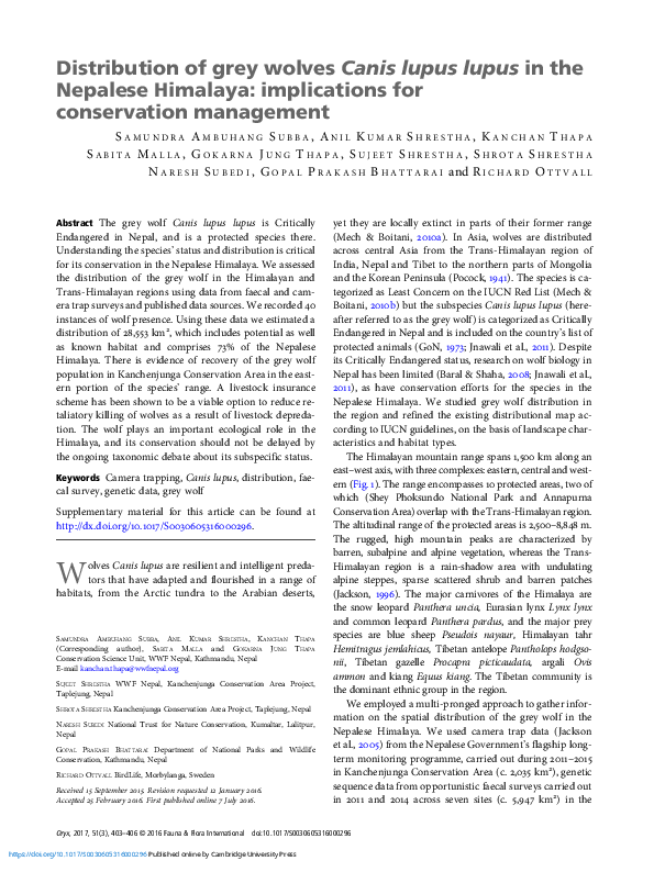 (PDF) Distribution of grey wolves Canis lupus lupus in the Nepalese ...