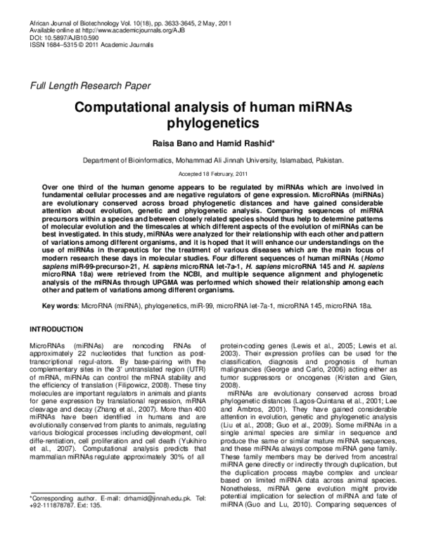 (PDF) Computational analysis of human miRNAs phylogenetics