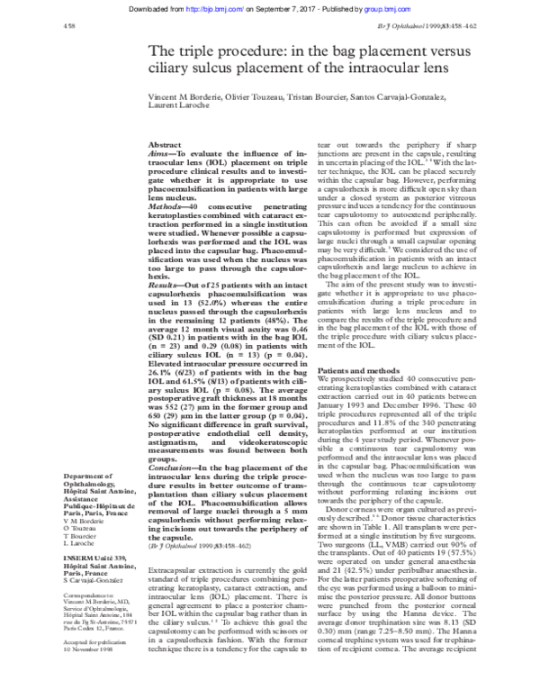 (PDF) The triple procedure: in the bag placement versus ciliary sulcus placement of the ...