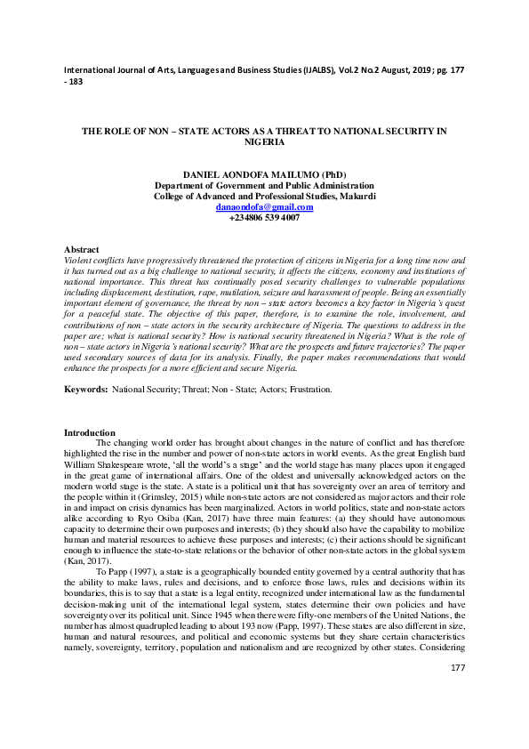 (PDF) The Role of Non – State Actors as a Threat to National Security ...