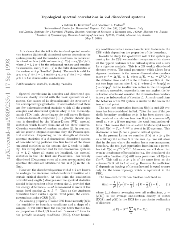 Pdf Topological Spectral Correlations In 2d Disordered Systems