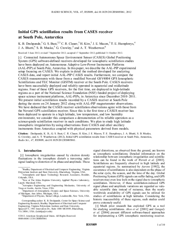 (PDF) Initial GPS scintillation results from CASES receiver at South ...