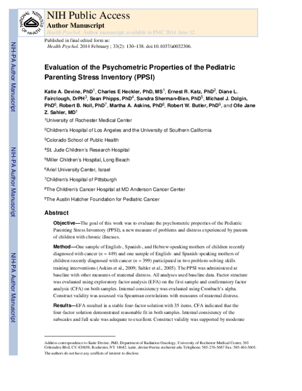 (PDF) Evaluation of the psychometric properties of the Pediatric ...