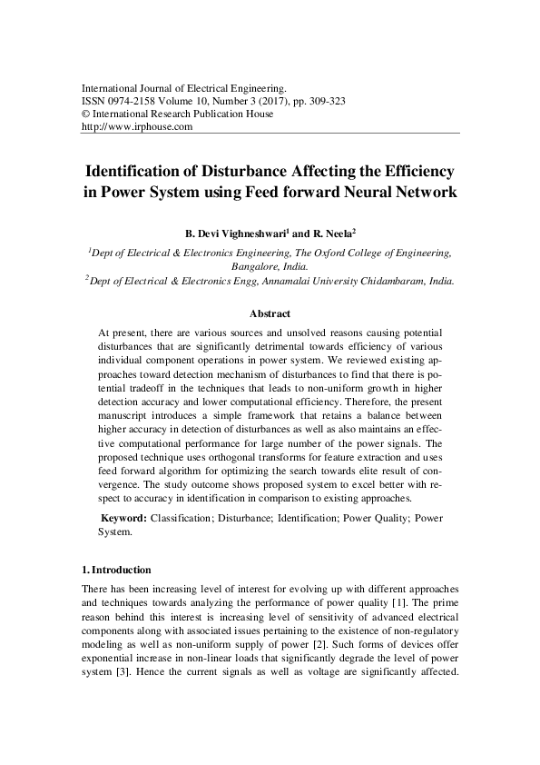 (PDF) Identification of Disturbance Affecting the Efficiency in Power System using Feed forward ...