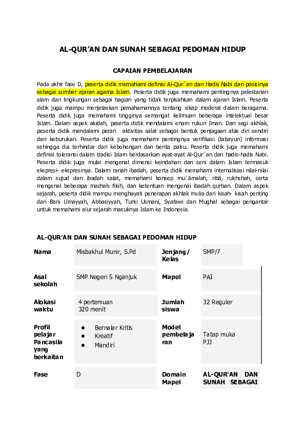 (DOC) AL-QUR'AN DAN SUNAH SEBAGAI PEDOMAN HIDUP