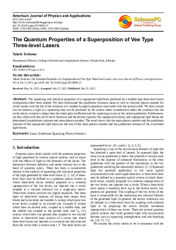 (PDF) The Quantum Properties of a Superposition of Vee Type Three-level ...