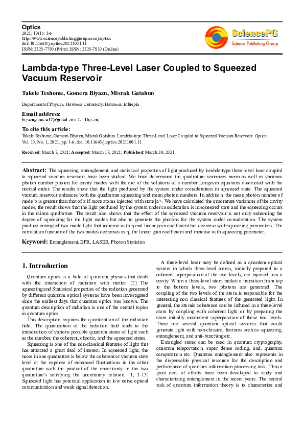 (PDF) Lambda-type Three-Level Laser Coupled to Squeezed Vacuum Reservoir