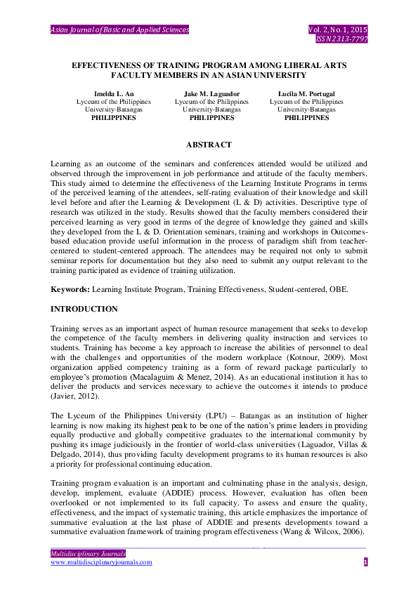 (PDF) Effectiveness of Training Program Among Liberal Arts Faculty Members in an Asian University